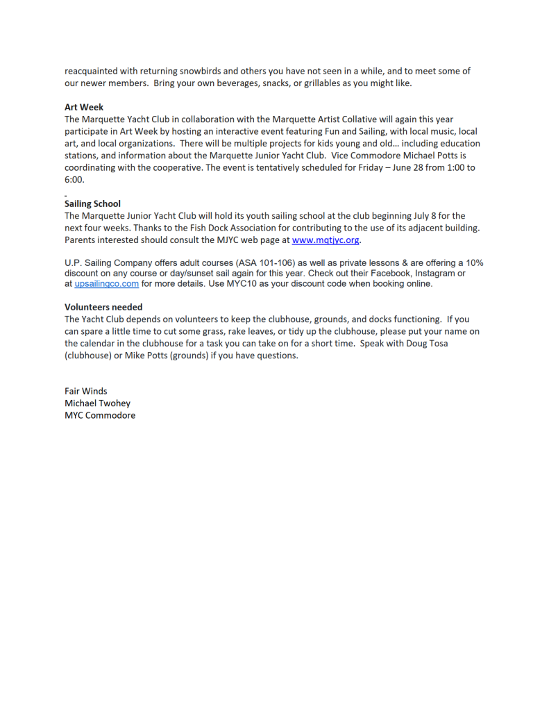 Welcome - Marquette Yacht Club